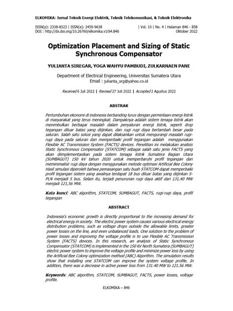 Optimization Placement And Sizing Of Static Synchronous Compensator Pdf