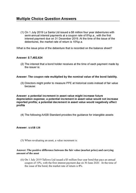 Multiple Choice Question Answers With The First Interest Payment