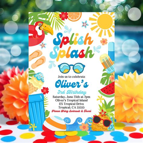 Editable Tropical Splish Splash Water Birthday Party Invitation Girly Splash Pad Water Slide