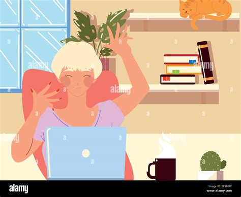 Home Working Woman With Laptop Potted Cactus And Coffee Cup Workspace