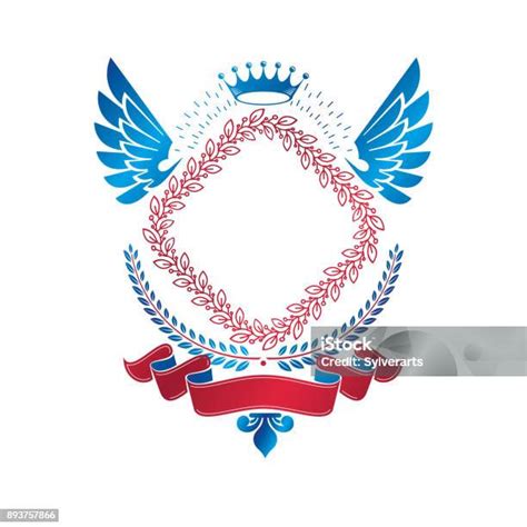 로얄 크라운 요소 월계관 및 고급 구성된 그래픽 날개 상징 리본 팔의 문장 학 외 투 고립 벡터 일러스트 레이 션 고대의에 대한 스톡 벡터 아트 및 기타 이미지 Istock