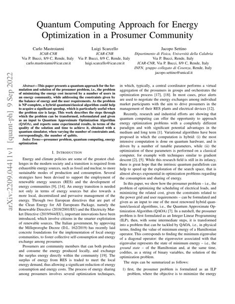 Pdf Quantum Computing Approach For Energy Optimization In A Prosumer