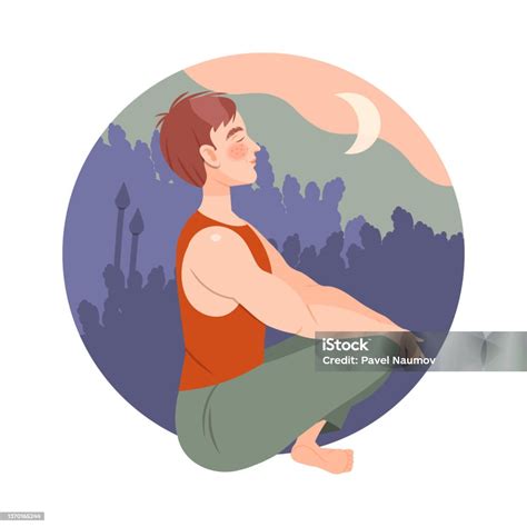 로터스에서 명상하는 젊은 남자의 측면 보기는 자연에서 포즈를 취합니다 요가와 호흡 운동 만화 벡터 일러스트를 연습하는 남자 건강한 생활방식에 대한 스톡 벡터 아트 및 기타