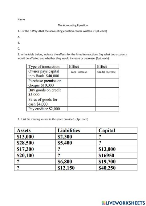 Accounting Equation Online Exercise For Live Worksheets Worksheets