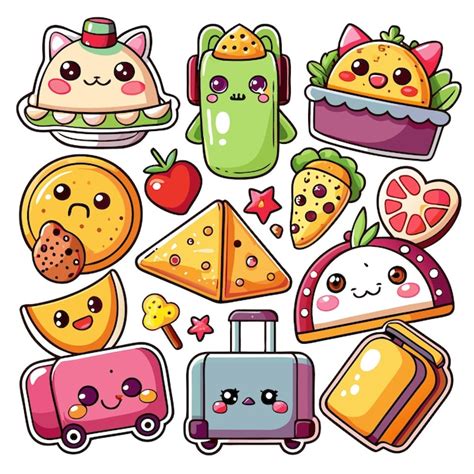 Cute Cartoon Food And Travel Stickers In Various Styles And Colors