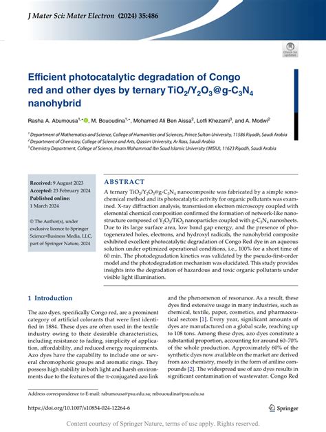 Efficient Photocatalytic Degradation Of Congo Red And Other Dyes By Ternary Tio2 Y2o3 G C3n4