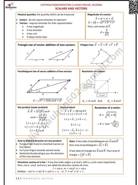 Scalars Vectors Formulas