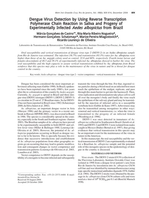 Pdf Dengue Virus Detection By Using Reverse Transcription Polymerase