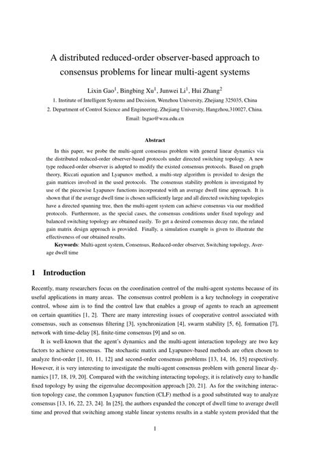 Pdf Distributed Reduced Order Observer Based Approach To Consensus