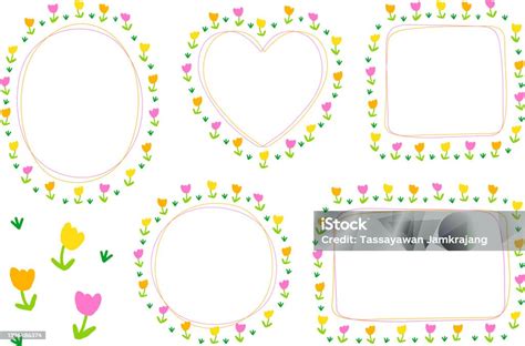 추상 밝은 화려한 튤립 꽃 낙서 손 그리기 그려진 심장 원 사각형 타원형 사각형 스티커 메모 모양 선 테두리 프레임 플레이트 세트 컬렉션 다채로운 배경 벡터 일러스트 레이