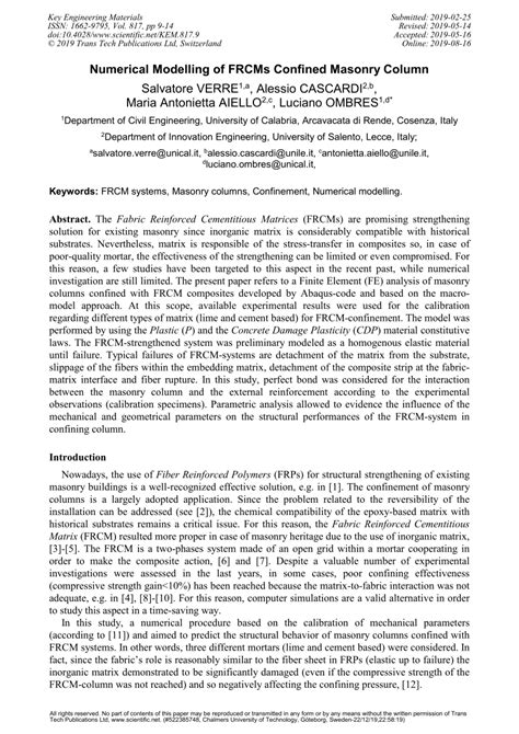 Pdf Numerical Modelling Of Frcms Confined Masonry Column