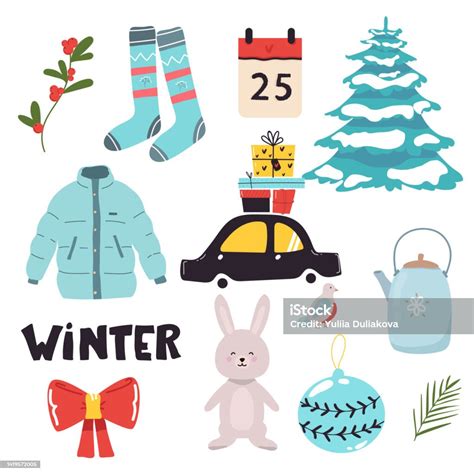 휴일 아이콘 자동차 재킷 양말 활 토끼 크리스마스 트리 주전자 선물 크리스마스 장식 달력의 벡터 세트 크리스마스 시간에 스크랩북