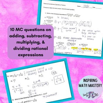 Rational Expressions Operations Add Subtract Multiply Divide Practice WS