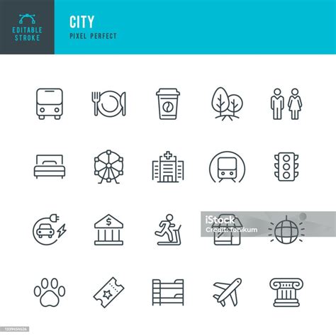 도시 얇은 선 벡터 아이콘 세트 픽셀 완벽 편집 가능한 스트로크 이 세트에는 공공 공원 관광 명소 레스토랑 은행 병원 상점 대중 교통 공항 호텔 호스텔 체육관 전기 자동차