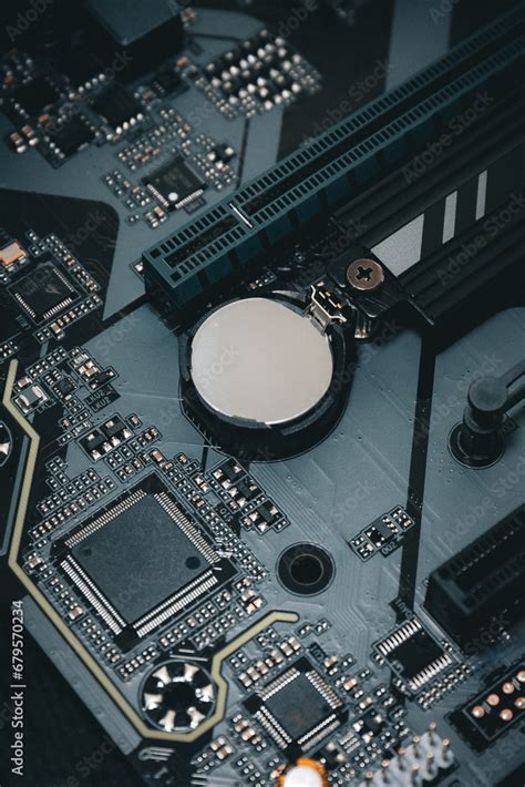 Cmos Backup Battery Cr2032 Pci Express Sata Port Circuit On A Modern Black Motherbord Computer
