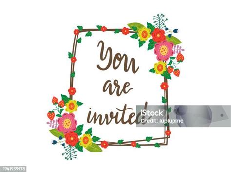 꽃 초대장 액자에 당신은 초대 문자입니다 화려한 꽃과 나뭇잎 테두리 디자인 우아한 이벤트 초대 벡터 일러스트 레이 션 쾌활하고 매력적인 파티 카드 테마 벡터 일러스트 레이