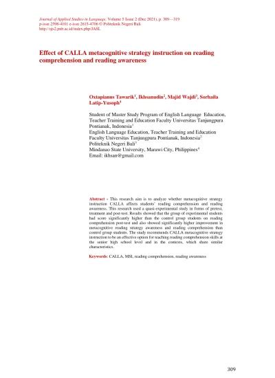 View Of Effect Of CALLA Metacognitive Strategy Instruction On Reading