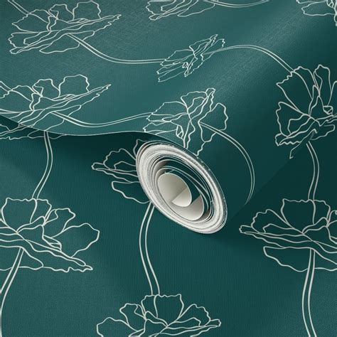 Small Trailing Poppies On Turquoise Teal Wallpaper Spoonflower