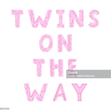 가는 길에 쌍둥이라는 단어 벡터 색상 그림입니다 태어나지 않은 아기의 성별을 결정하는 비문 낙서 스타일입니다 손으로 그린 기하학적 요소가있는 문자 흰색에 격리 쌍둥이에 대한