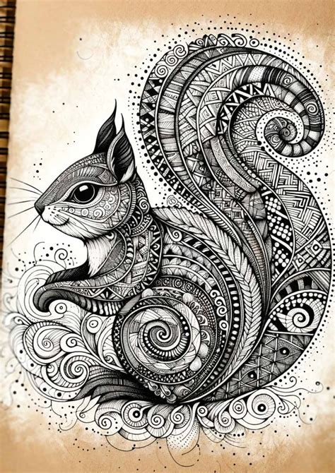 An Ink Drawing Of A Squirrel With Swirls On Its Tail And Eyes