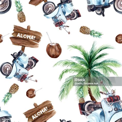 여름방학 일러스트 세트입니다 수채화 그리기 Isolated 개체입니다 원활한 패턴 남국 휴양지에서의 여름방학 기념품 엽서 포스터 및 초대장 디자인을 위한 그림 0명에 대한