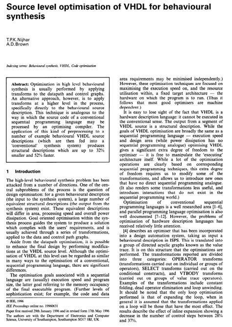 Pdf Source Level Optimisation Of Vhdl For Behavioural Synthesis