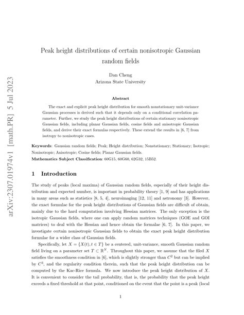 PDF Peak Height Distributions Of Certain Nonisotropic Gaussian Random Fields