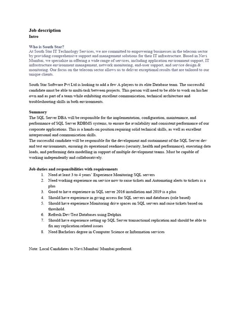 Job Description Sql Dba Pdf Microsoft Sql Server Databases