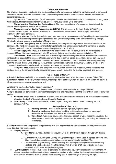 Computer Hardware And Software Note Computer Hardware The Physical Touchable Electronic And