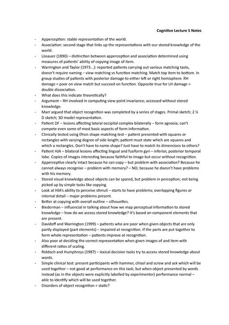 cog lecture 5 notes cognitive lecture 5 notes apperception