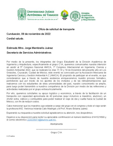 Oficio De Solicitud De Transporte Oficio De Solicitud De Transporte