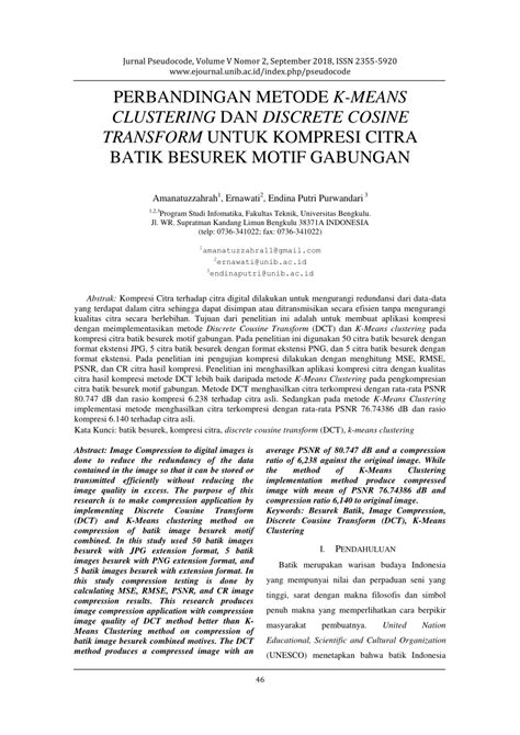 Pdf Perbandingan Metode K Means Clustering Dan Discrete Cosine Transform Untuk Kompresi Citra