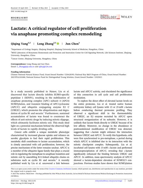 Pdf Lactate A Critical Regulator Of Cell Proliferation Via Anaphase Promoting Complex Remodeling