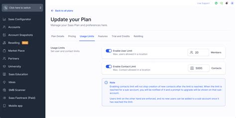 configuring user limits for saas sub accounts highlevel support portal