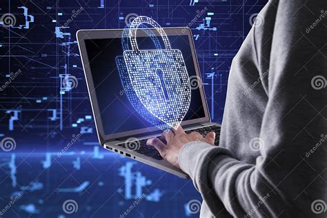 Close Up Of Hacker Hands Using Laptop With Creative Glowing Digital