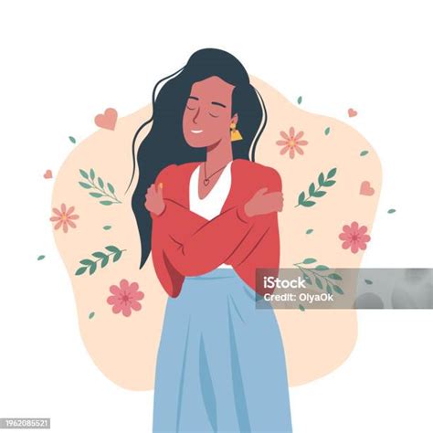 자기 사랑 개념 귀여운 행복 한 소녀 또는 긴 머리를 가진 여자가 자신을 껴안고 있습니다 자기 관리 자기 자부심 자기 수용 신체 긍정 및 자신감 개념 벡터 일러스트 레이 션
