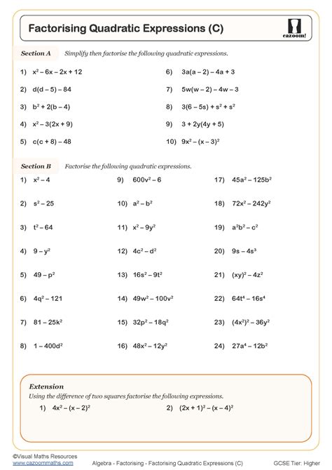 Factorise Quadratics Worksheet