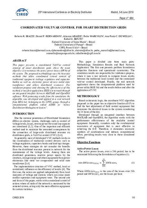 Pdf Coordinated Voltvar Control For Smart Distribution Grids Rafael Bento