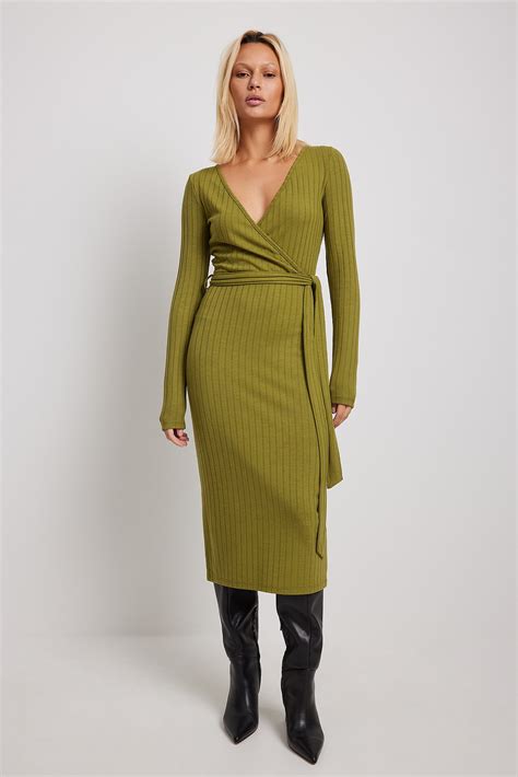 Ribbed Wrap Belted Midi Dress Green Na Kd Ribbed Wrap Belted Midi Dress Green Na Kd
