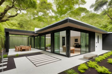 Una Casa Moderna Con Grandes Ventanas De Vidrio Y Techos Planos