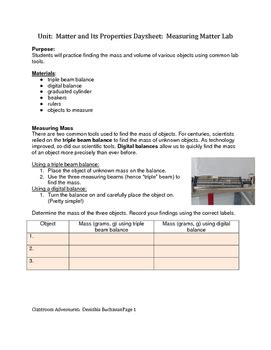 Measuring Matter Lab By Classroom Adventures With Mrs Buchanan TPT