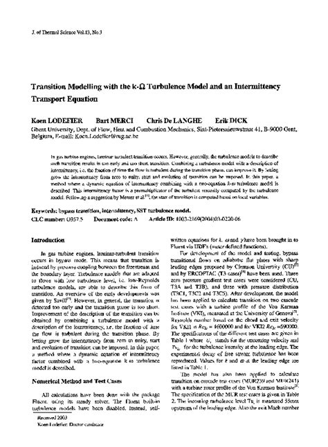 Pdf Transition Modelling With The K Ω Turbulence Model And An Intermittency Transport Equation