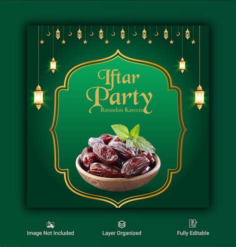 벡터 라마단 날짜 과일과 버거 음식 소셜 미디어 배너 및 인스타그램 포스트 디자인 템플릿 프리미엄 벡터