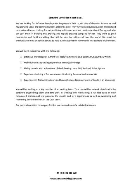 Software Developer In Test Sdet Pdf Programming Languages Computing