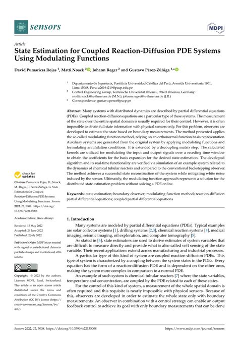 Pdf State Estimation For Coupled Reaction Diffusion Pde Systems Using Modulating Functions