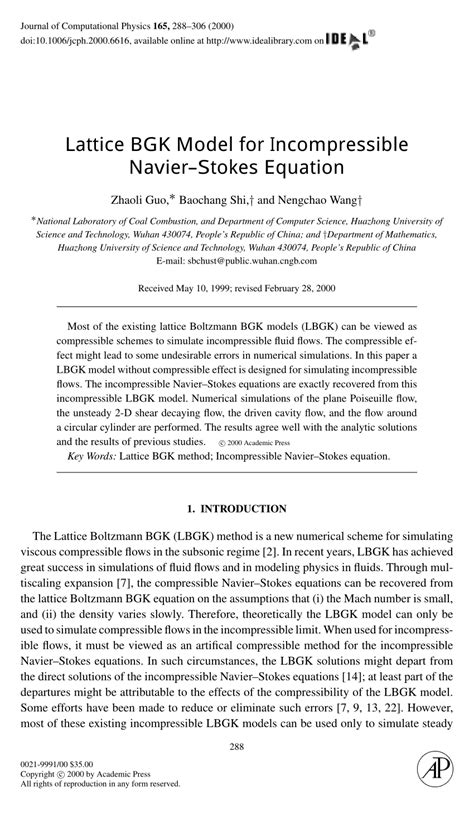 Pdf Lattice Bgk Model For Incompressible Navierstokes Equation