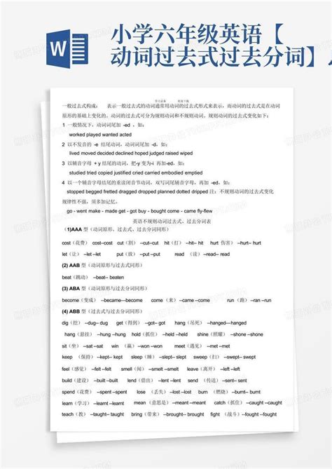 小学六年级英语动词过去式过去分词总结Word模板下载 编号ljegvmxj 熊猫办公