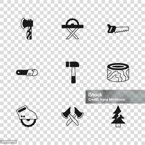 나무 도끼 통나무 나무 망치 손톱 전기 원형 및 전기 톱 아이콘을 설정합니다 벡터 Rotary International에 대한