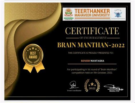Certificate Of Participation In Brain Manthan Renish Mantasha