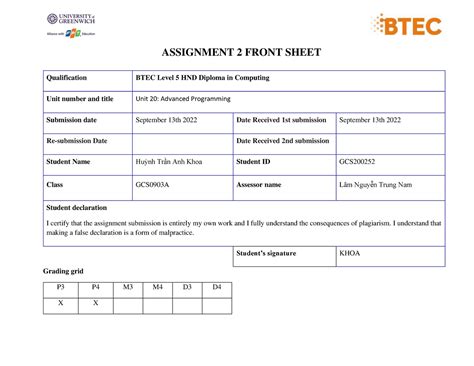 Asm 02 Advanced Programming Assignment 2 Front Sheet